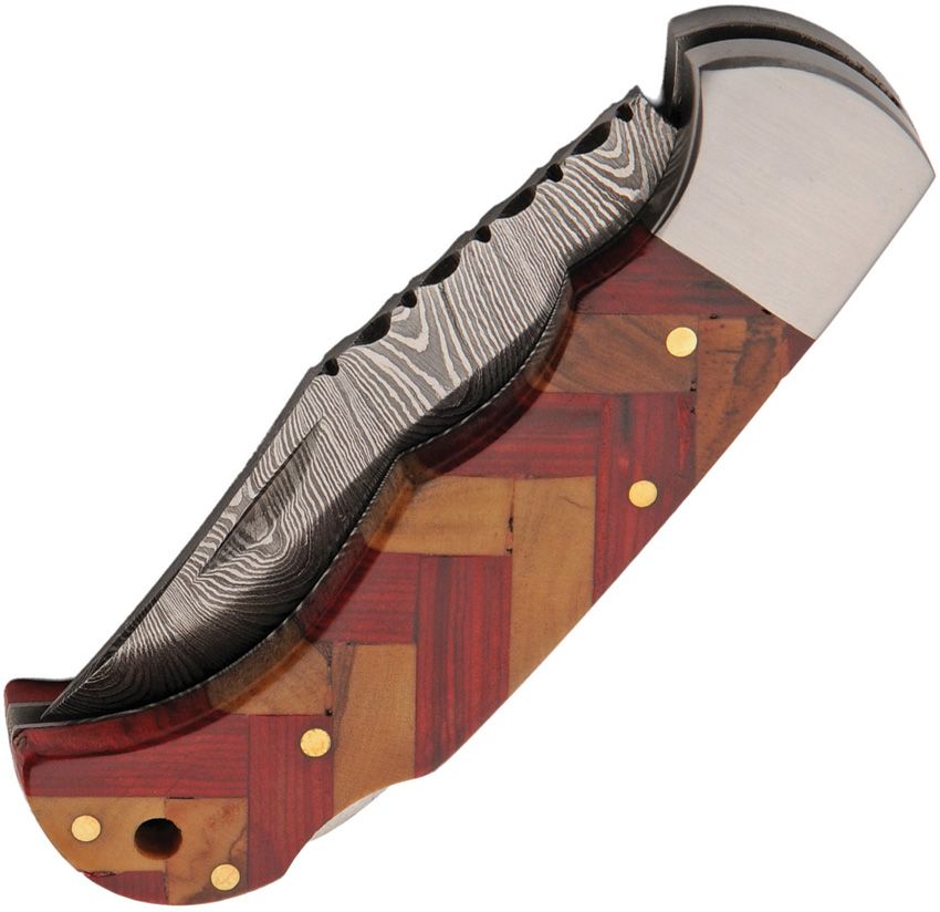 Damascus Folding Knife with Red & Brown Wood Handle | 98093
